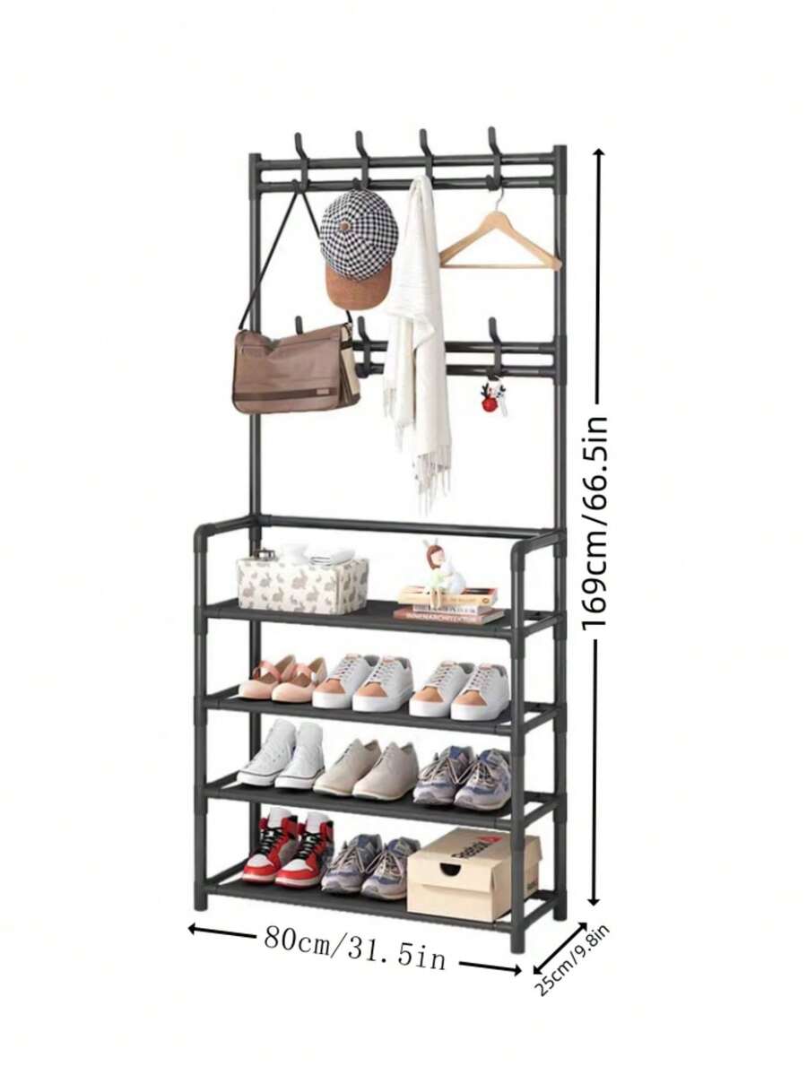 1pc 4-Layers Black Strengthened Coat & Hat & Shoe Rack Combination With ...