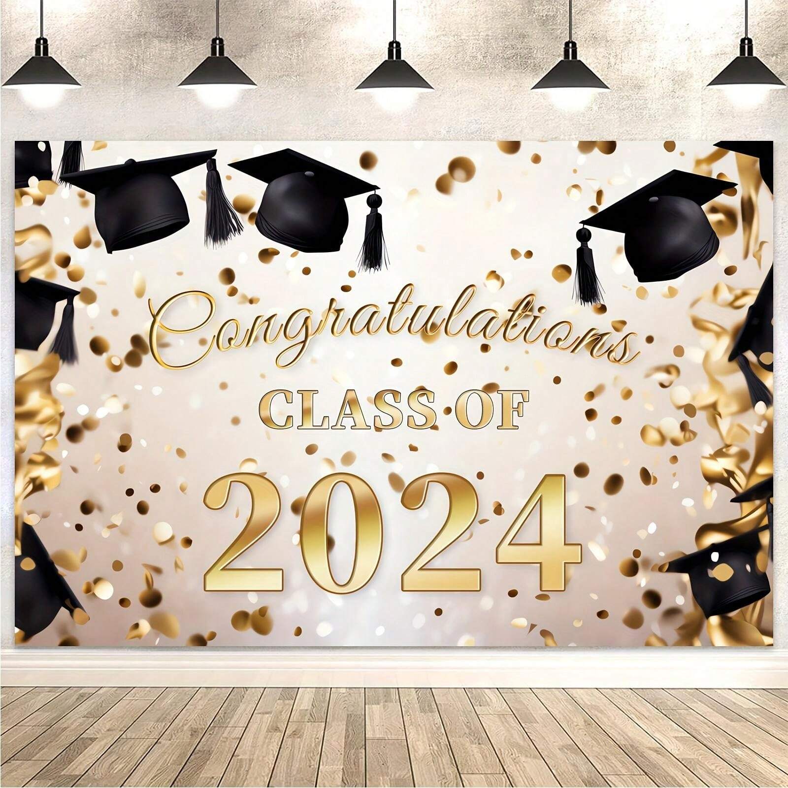 1pc, 5*3ft Class Of 2024 Graduation Backdrop Black Gold Glitter Large ...