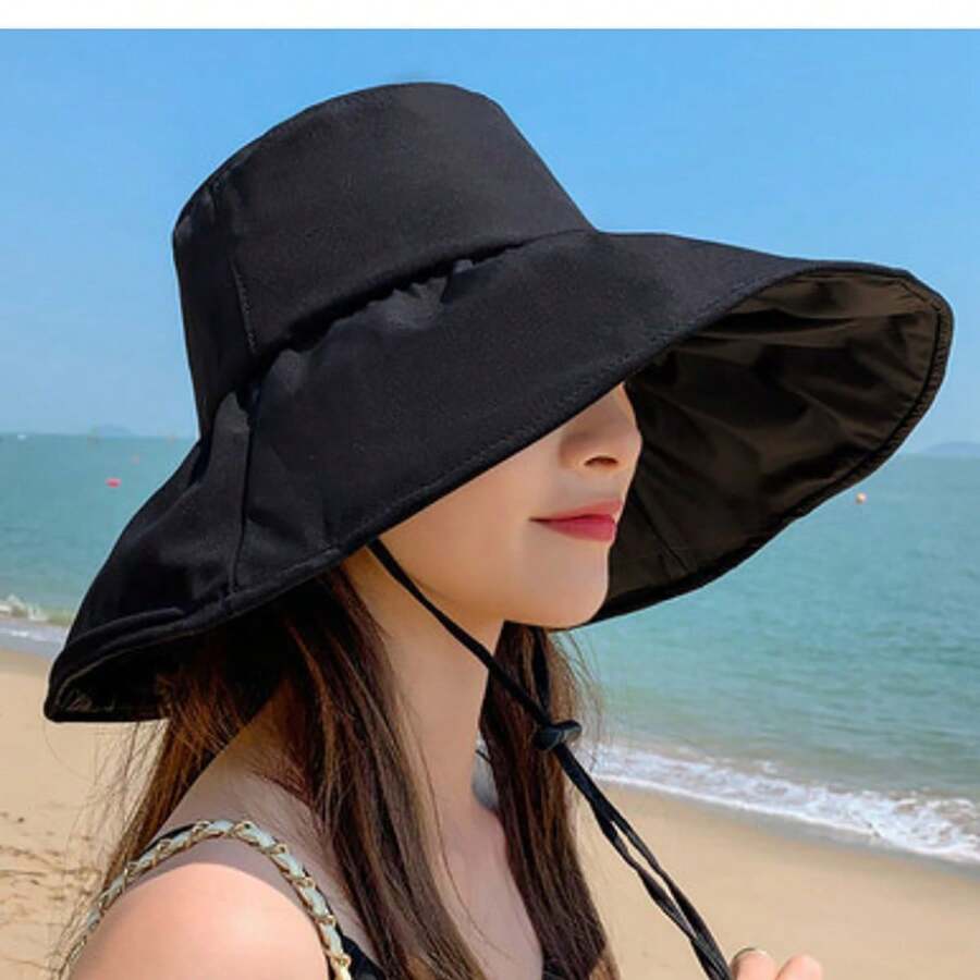 Summer Uv Protection Women's Black Glossy Sun Hat - Versatile, Face ...