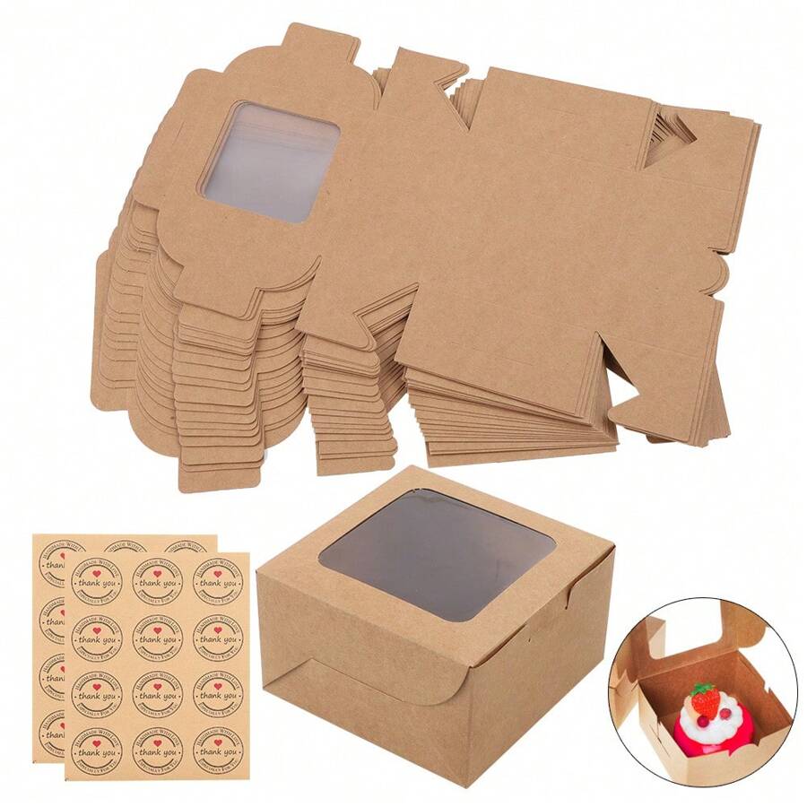 Bakery Boxes,4Inch Brown Kraft Paper Cake Boxes With Stickers,24 Pack ...
