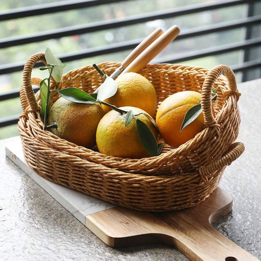 Woven Rattan-Design Double-Handle Oval Tray, Fruit Bread Snack Basket ...