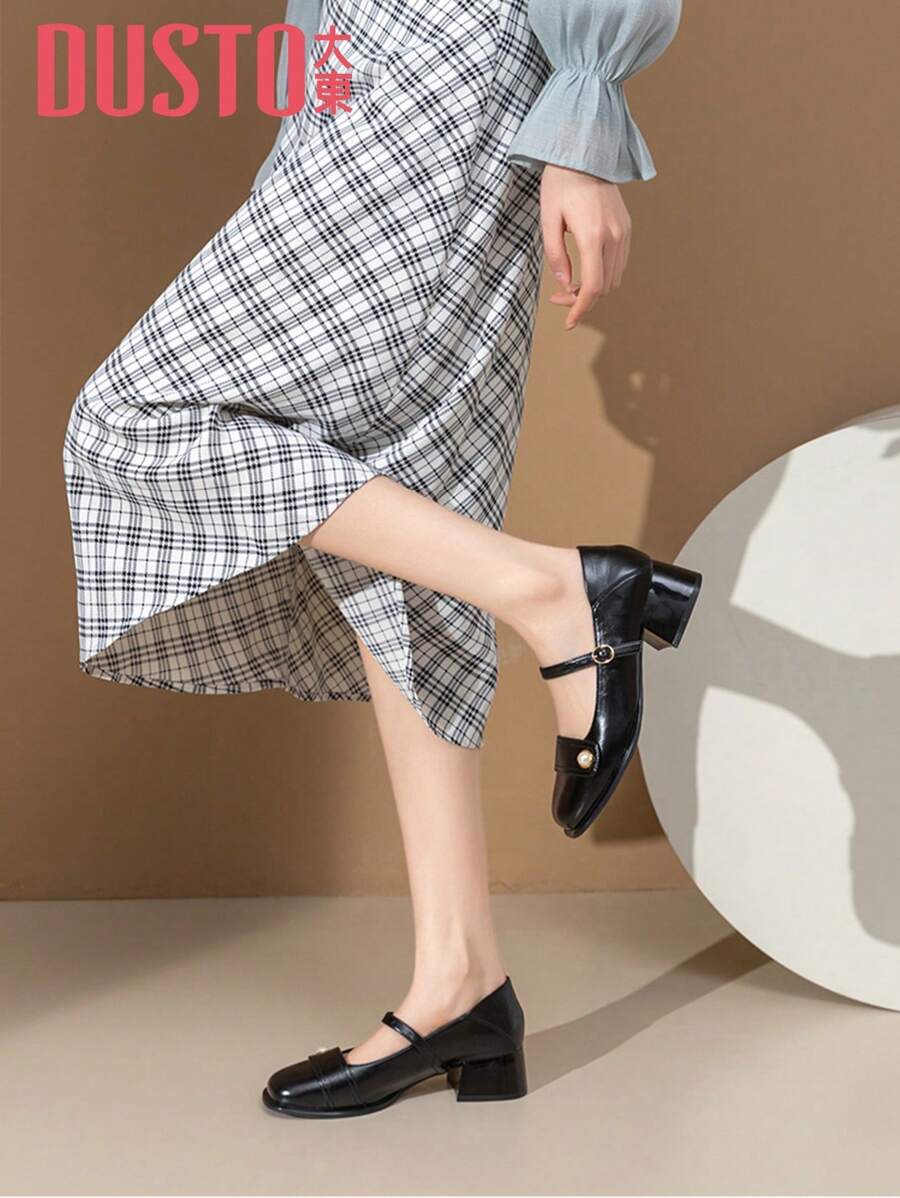 Dusto Vintage French Style Chunky Heel Mary Jane Shoes, Pearl Detail ...