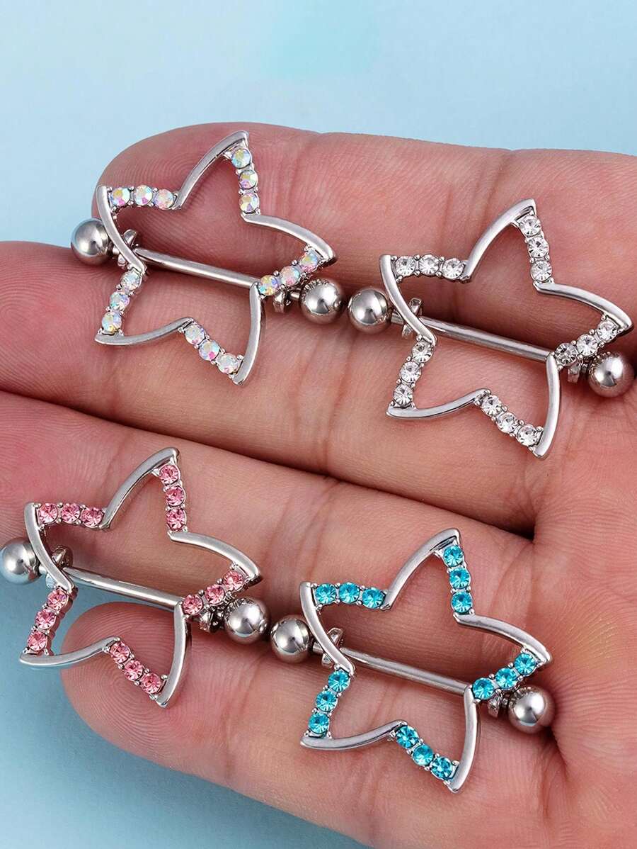 1pair Fashionable Minimalist Star Shaped Stainless Steel & Diamond Nipple Piercing Body Jewelry ...