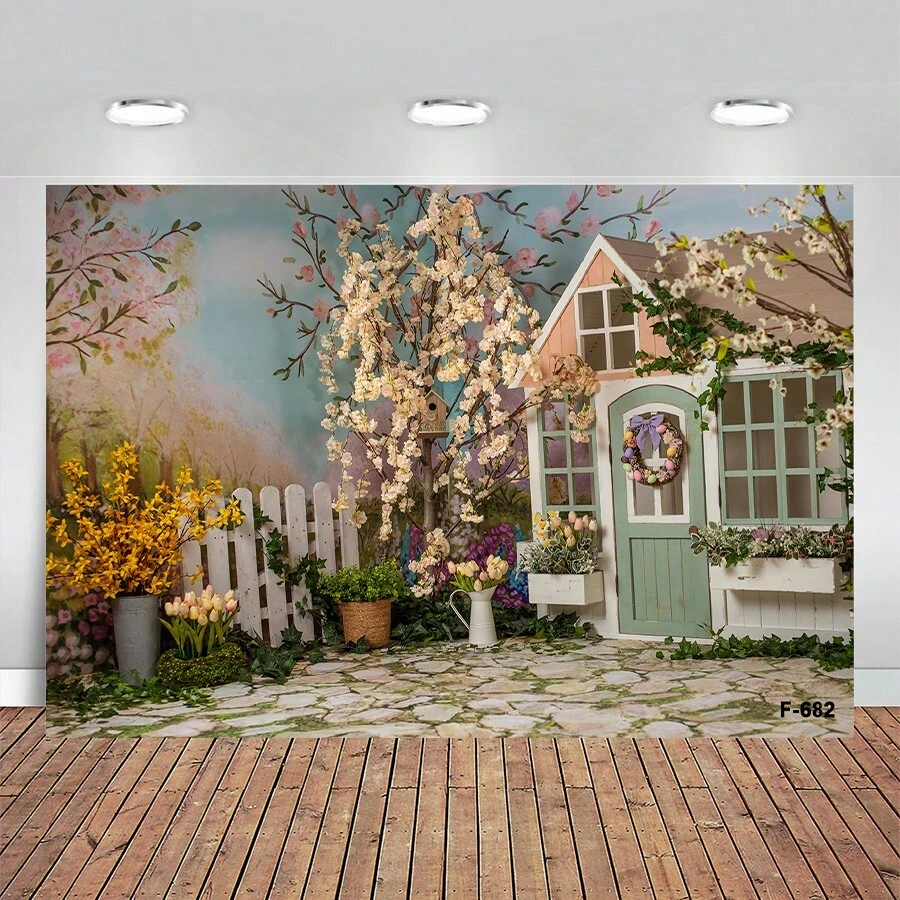 Happy Easter Flowers Trees Spring Backdrops Cute Rabbits Bunny Wooden ...