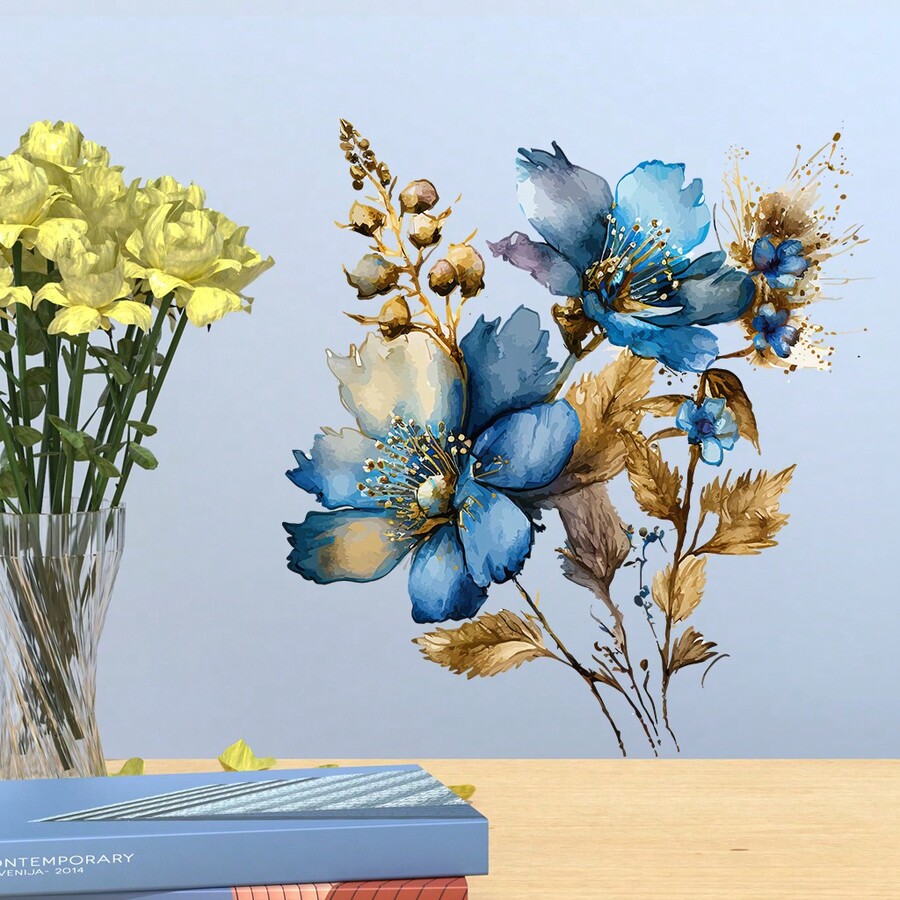 1pc Blue And Gold Higan Flower Decorative Wall Sticker, Removable PVC ...