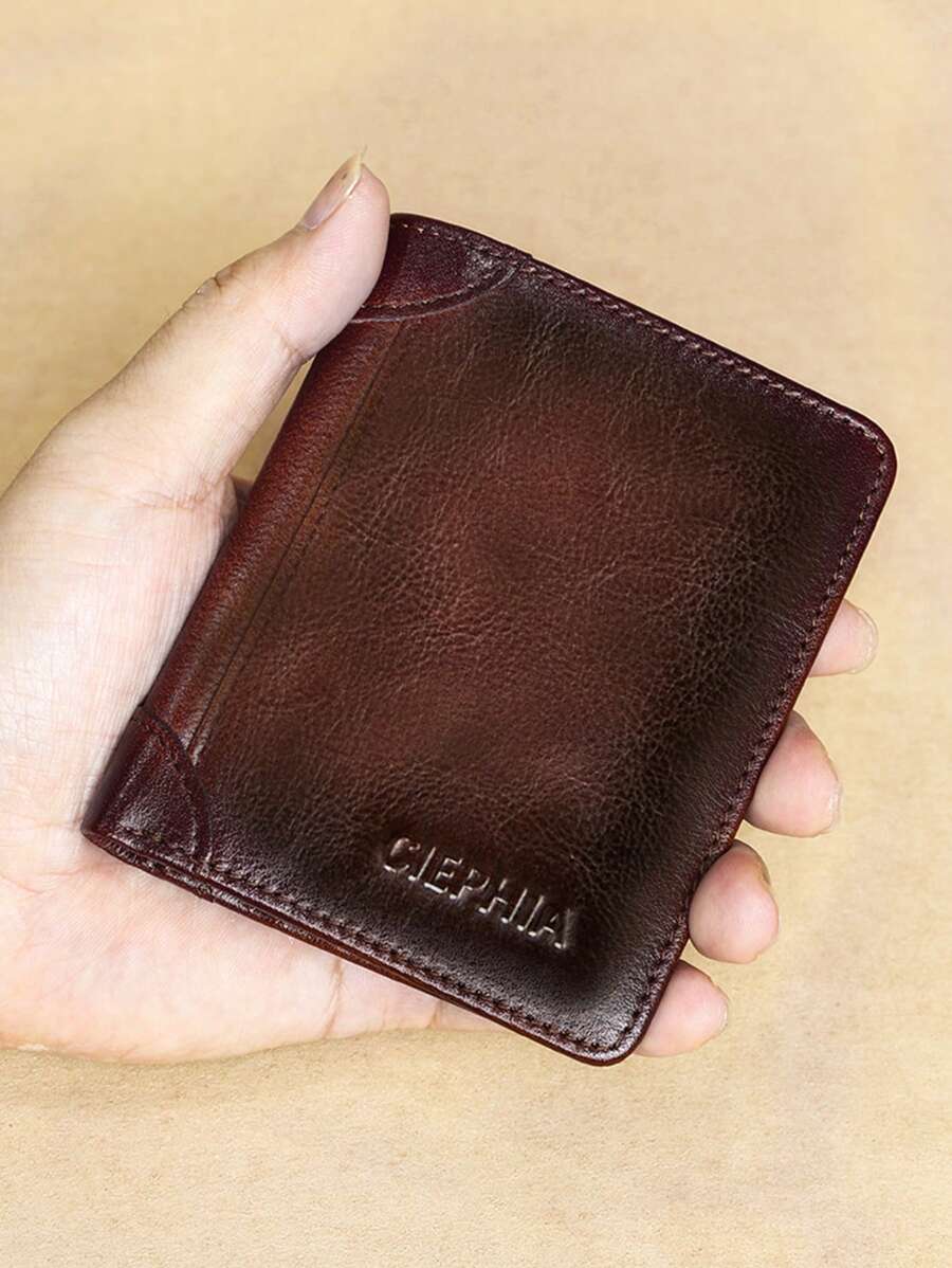 1pc Men's Genuine Leather Wallet With ID Card Window Top Layer Cowhide ...
