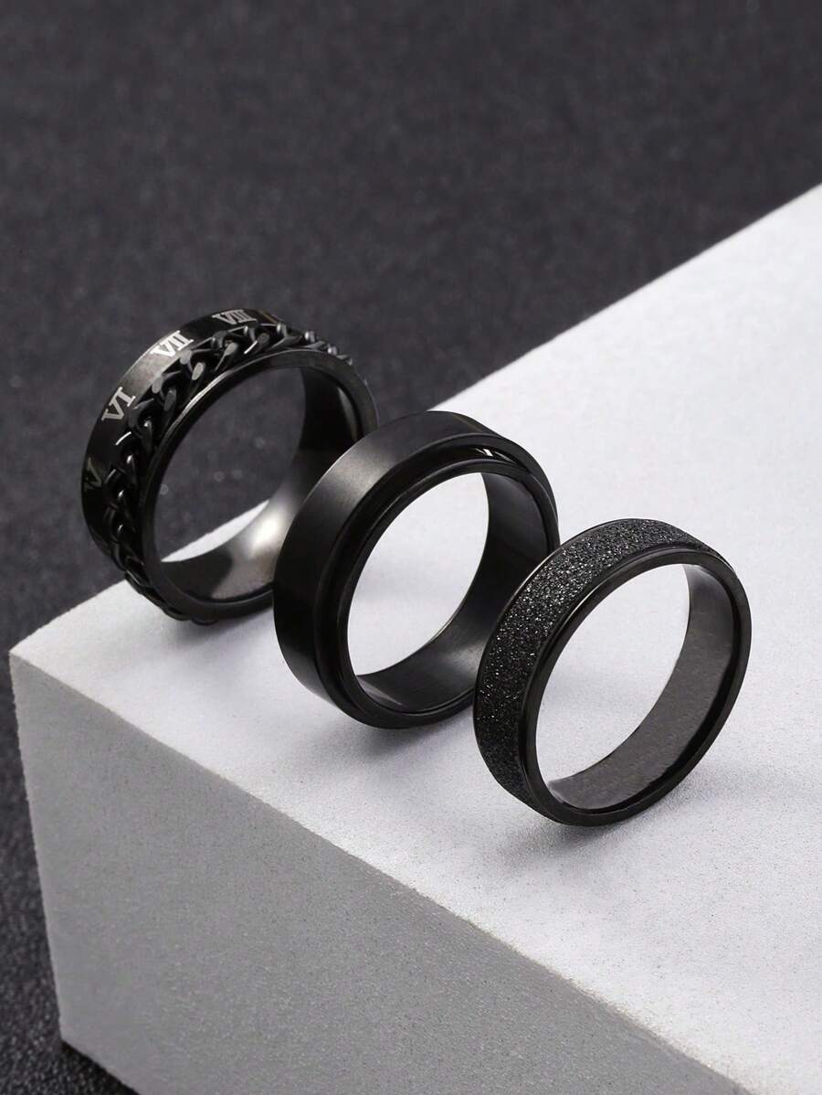 3 Stylish Stainless Steel Brushed Turn Rings Roman Word Chain Anxiety ...