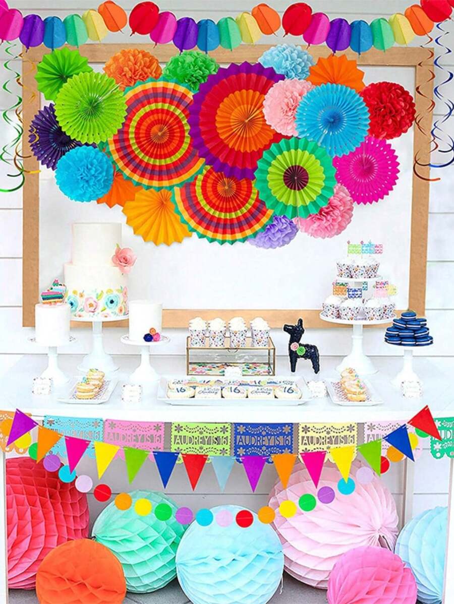 33pcs/Set Colorful Paper Fan, Flag, Circle Garland, Flower Ball, Party ...