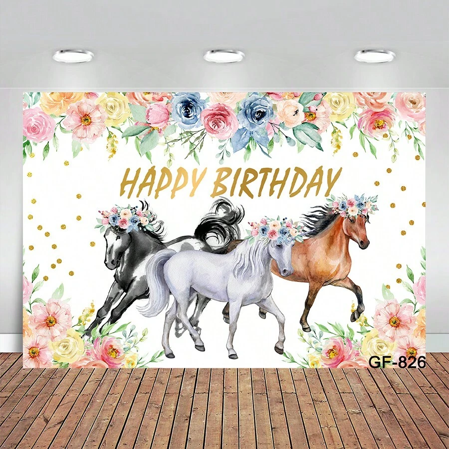 Cowboy Horse Theme Happy Birthday Kids Portrait Green Leaves Flowers ...