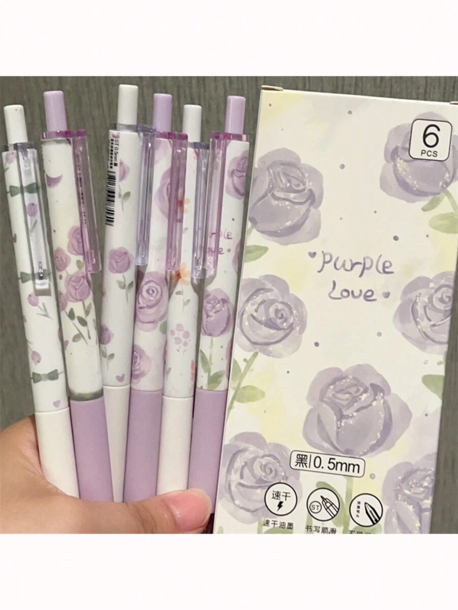 6pcs Purple Rose Flower Style Retractable Neutral Pens With High ...