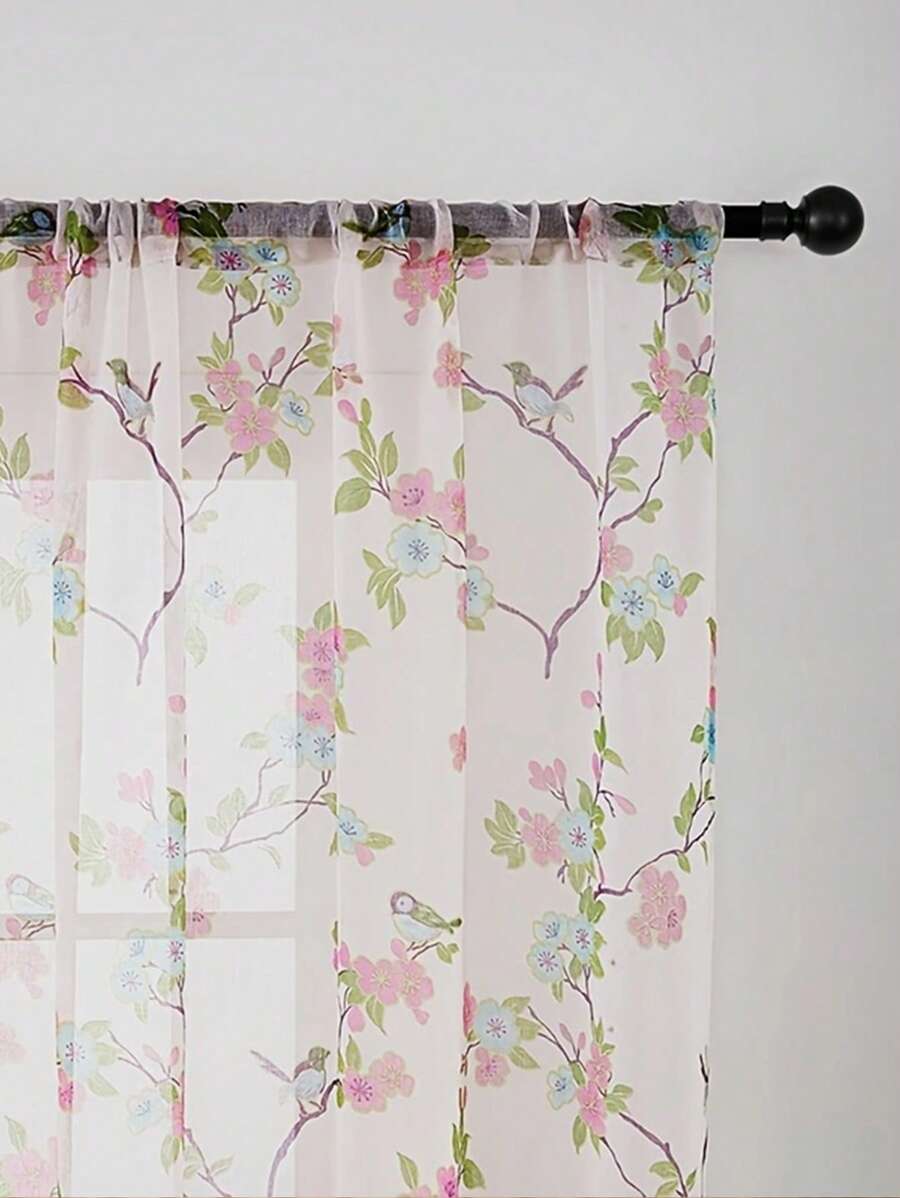 1pc Countryside Peach Blossom Sheer Curtain For Living Room, Bedroom ...