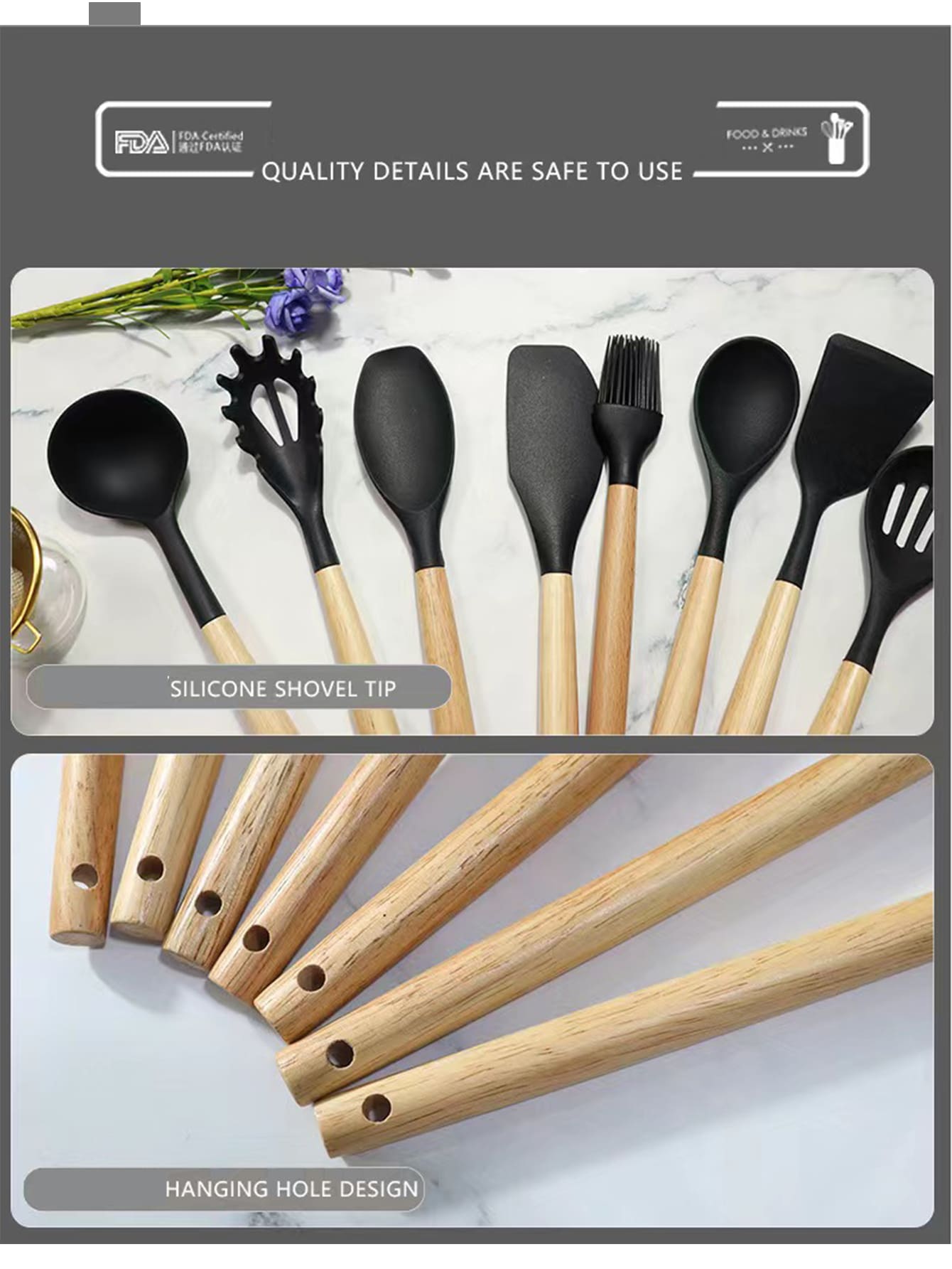 Ensemble De 12 Ustensiles De Cuisine En Silicone Avec Des Pinces, Des Poignées En Bois, Des ...