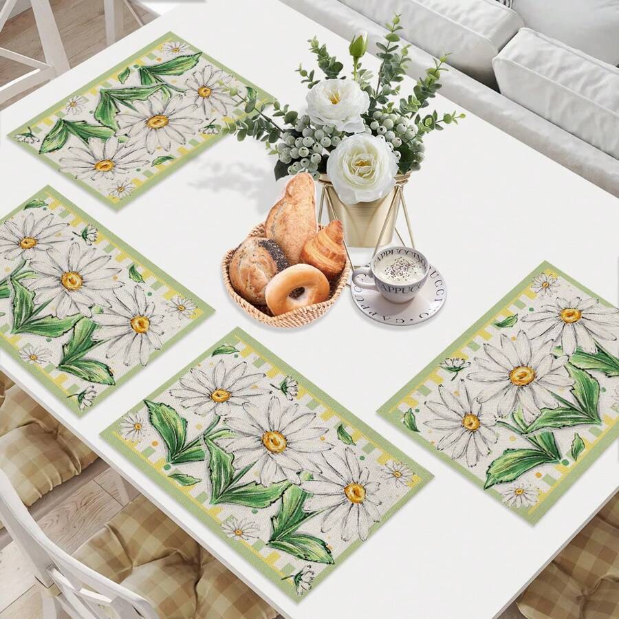 4pcs/Set Spring/Summer Daisy Flower & Floral Printed Placemats And ...