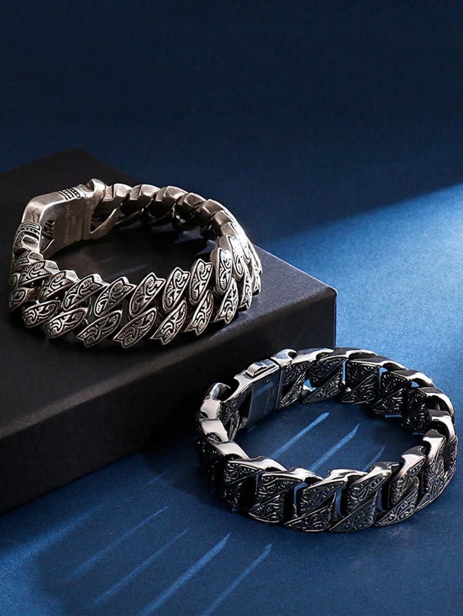 New Arrival Vintage Pattern Design Silver Wide & Thick Chain Bracelet ...