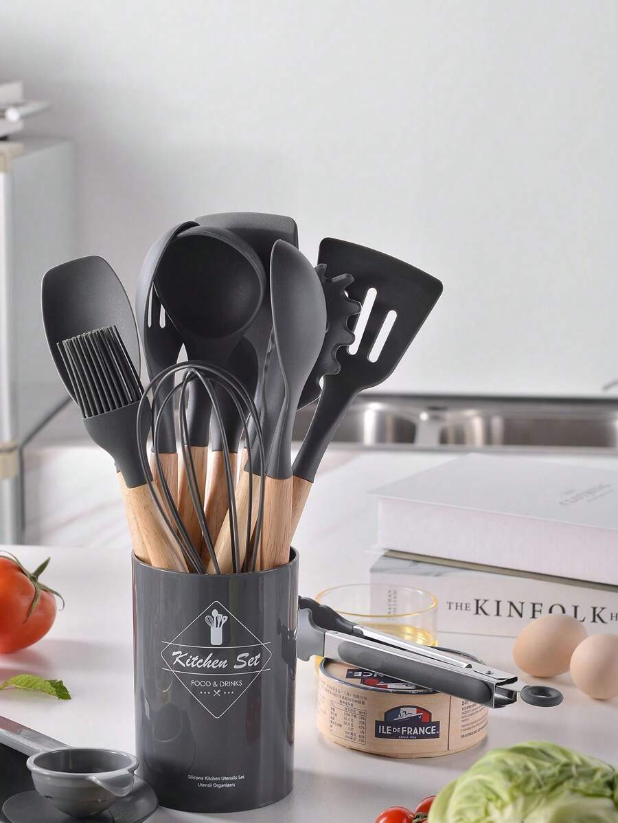 12pcs, Silicone Utensil Set, With WoodenHandle, Safety Cooking Utensils ...