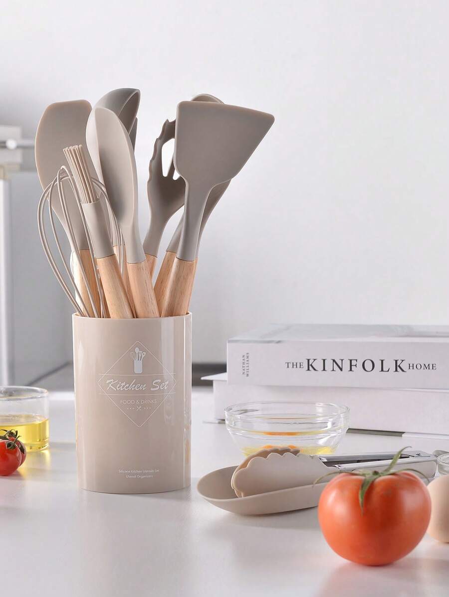 12pcs, Silicone Utensil Set, With WoodenHandle, Safety Cooking Utensils ...