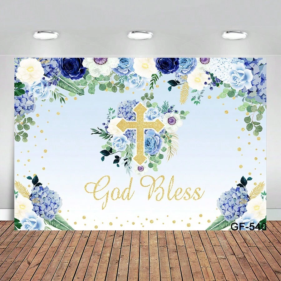 God Bless Backdrops First Holy Baptism Christening Party Banner Decor ...