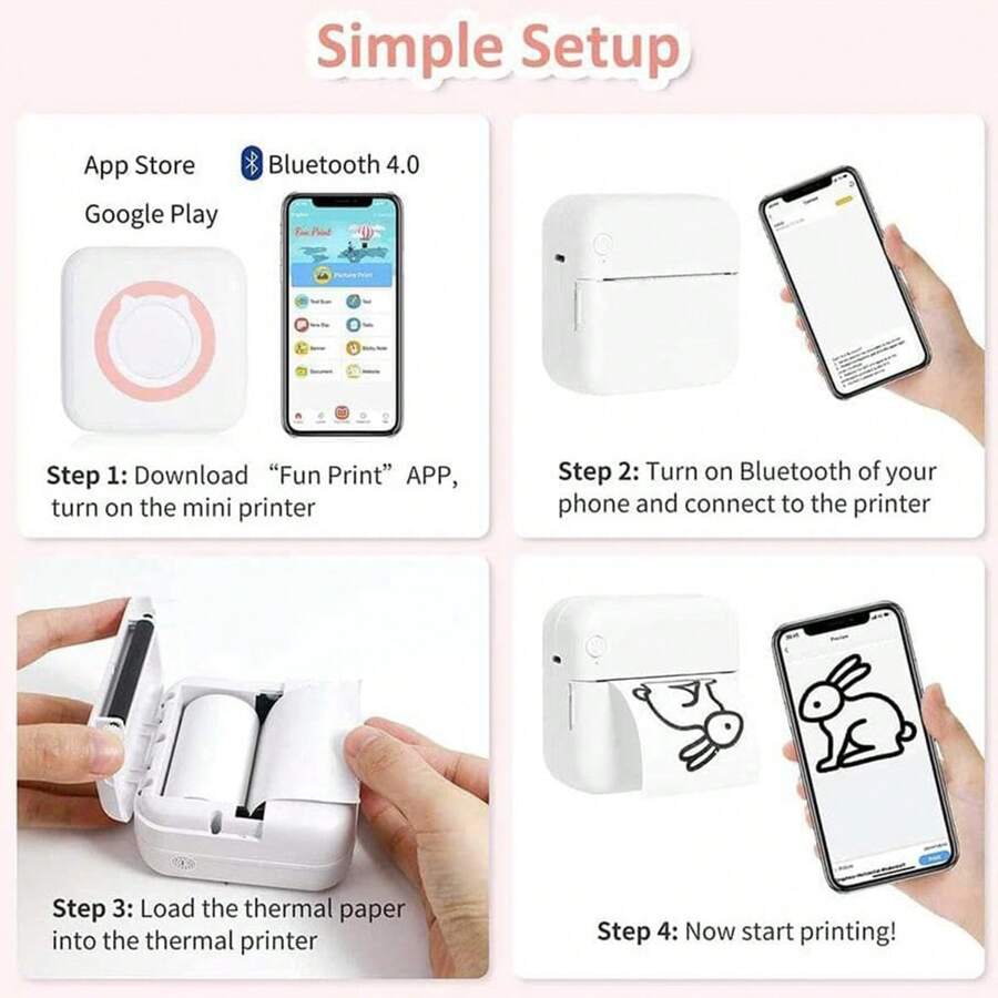 12pcs/Set Portable Mini Wireless Inkless Printer With 5 Rolls Of ...