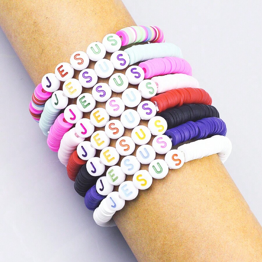8pcs/Set Colorful Boho Polymer Clay Bracelet Jesus Letter Elastic ...