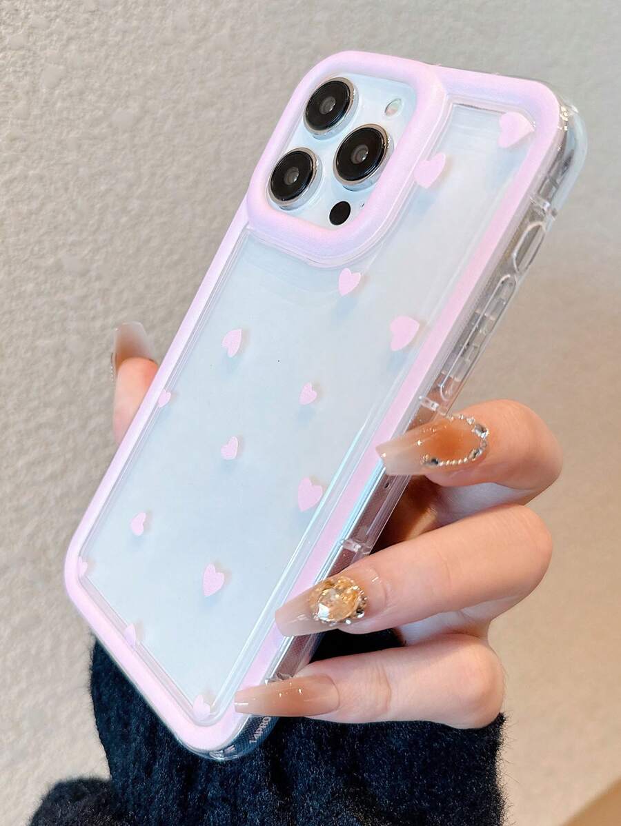 1pc Shockproof Full Coverage Pink Heart Pattern Phone Case With Airbag Compatible With IPhone ...