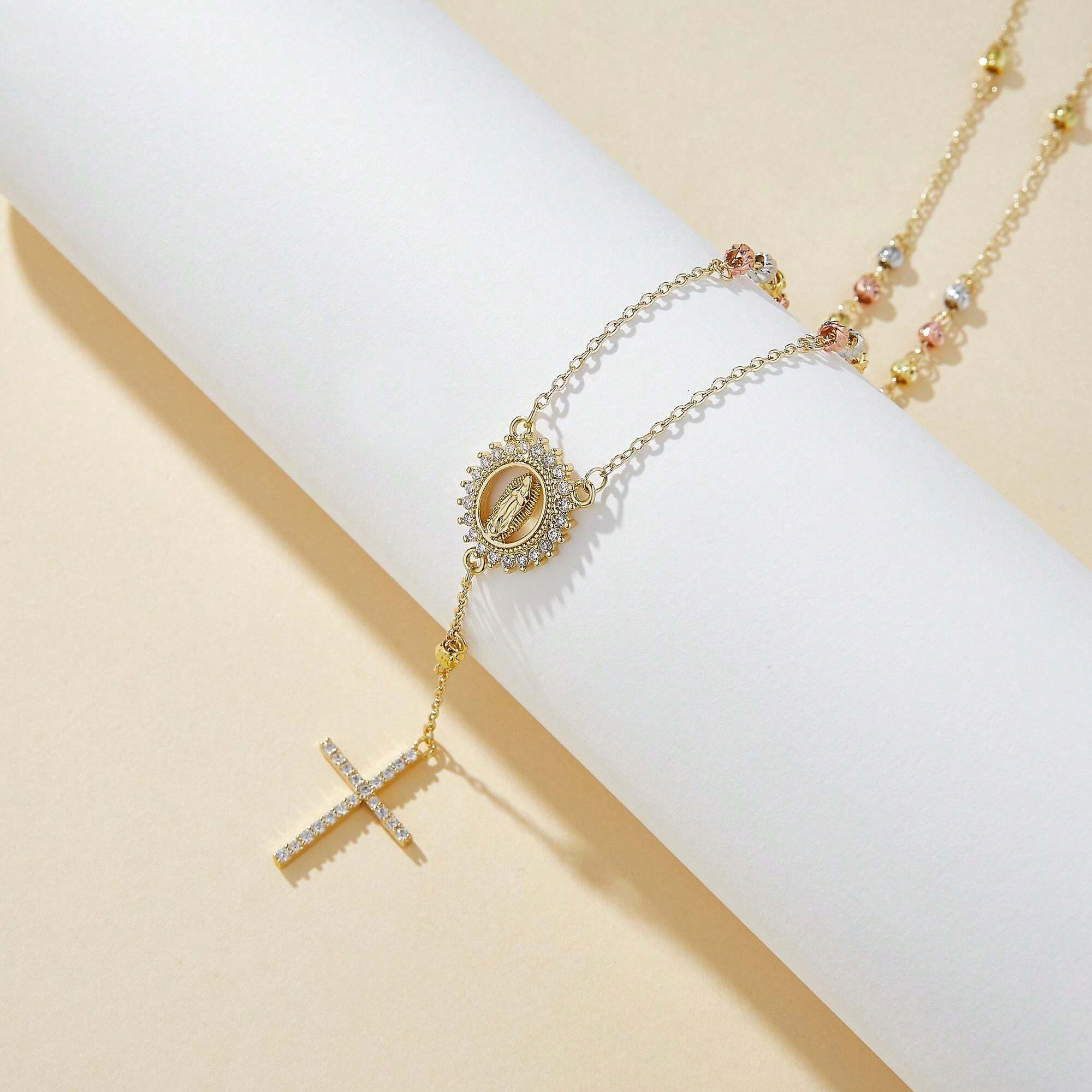 Collar Tricolor Virgen María Láminado En Oro Con Cruz De Oración ...