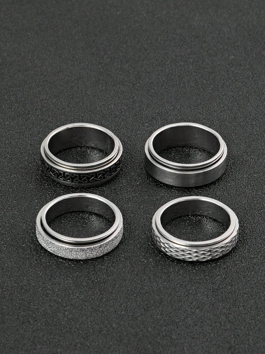 4pcs/Set Stylish Stainless Steel Black Rhombus Frosted Turn Rings Men's ...