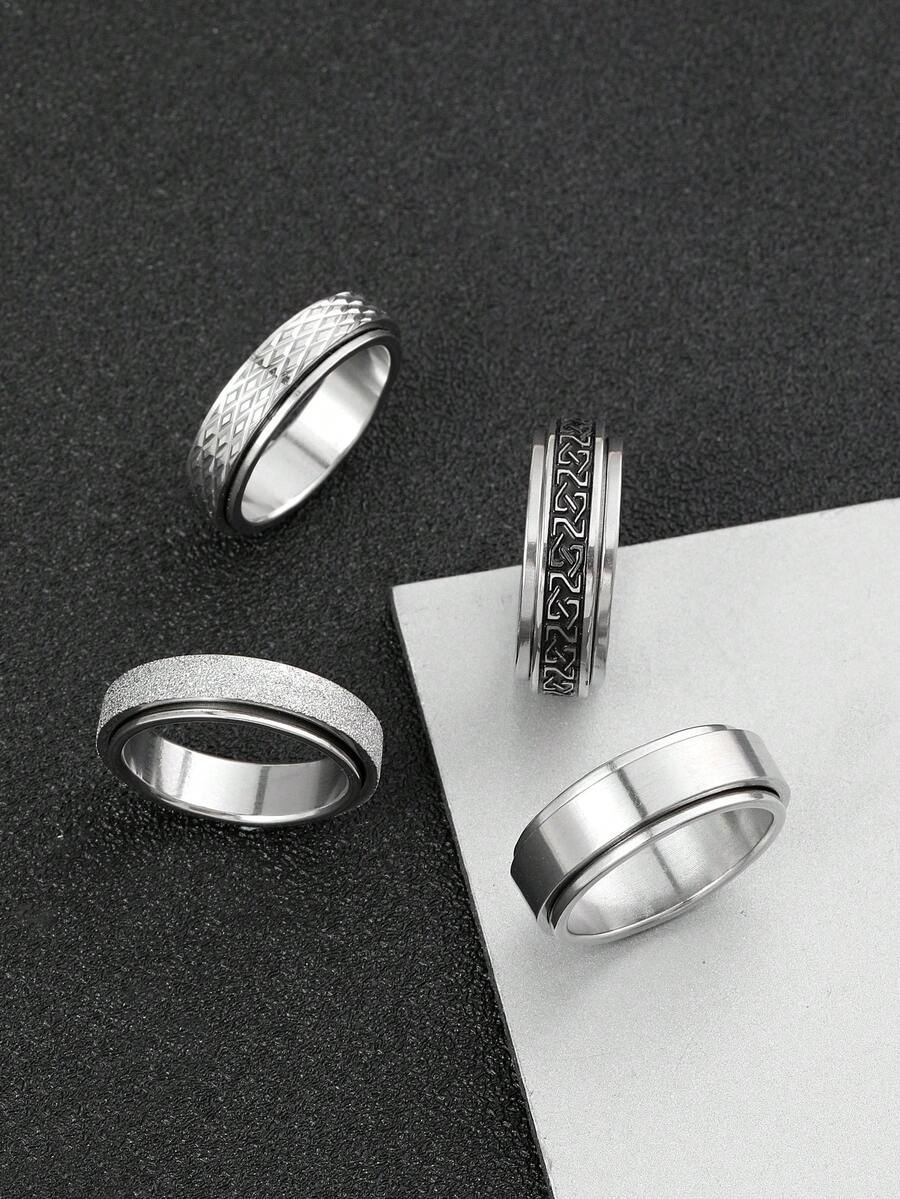 4pcs/Set Stylish Stainless Steel Black Rhombus Frosted Turn Rings Men's ...