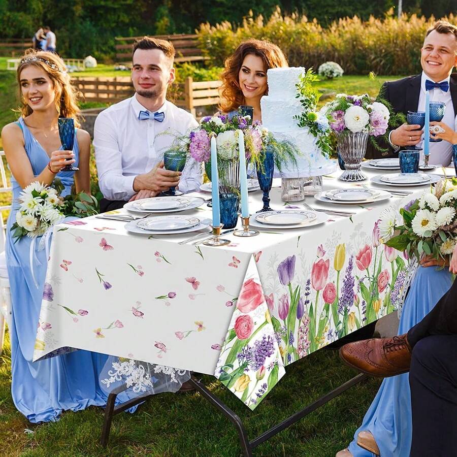 4-Pack 54 X 108 Inch Spring Tulip Plastic Tablecloth, Blooming Floral ...