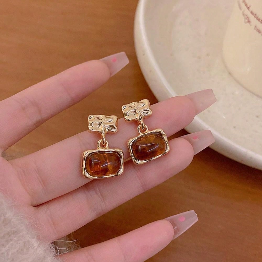 1pair 925 Silver Pin Amber Color Square Earrings For Women, Vintage ...