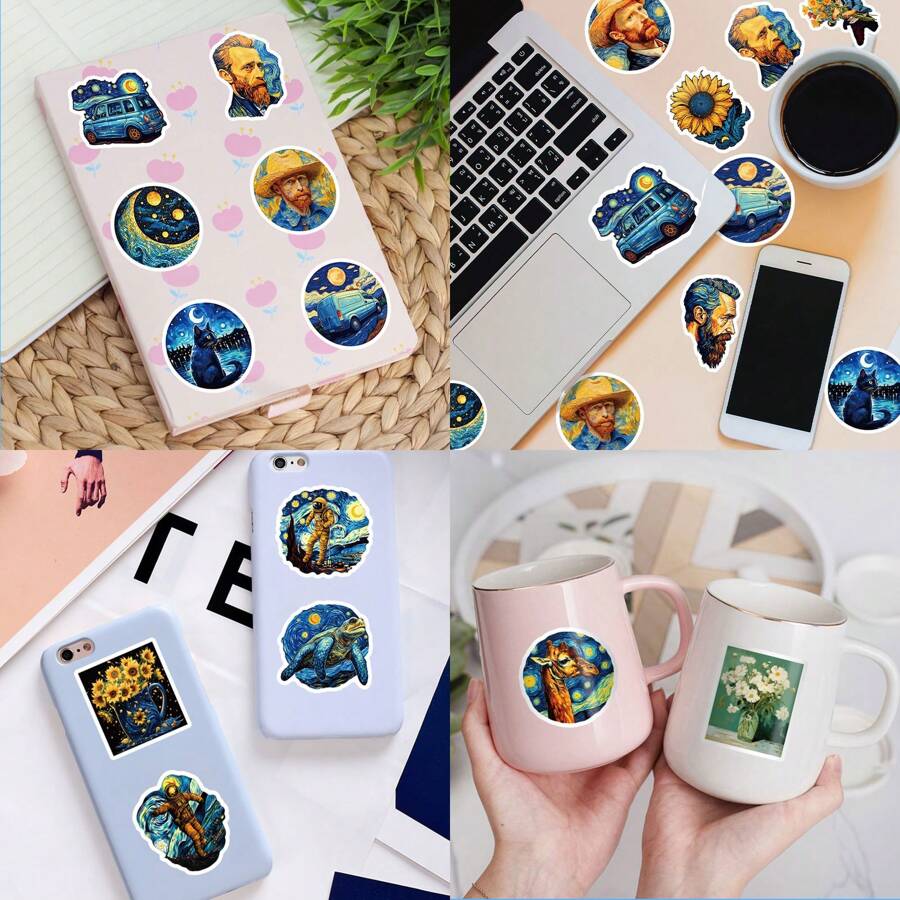 100pcs Sunflower Stickers, Sunflower Van Gogh Starry Night Aesthetics ...