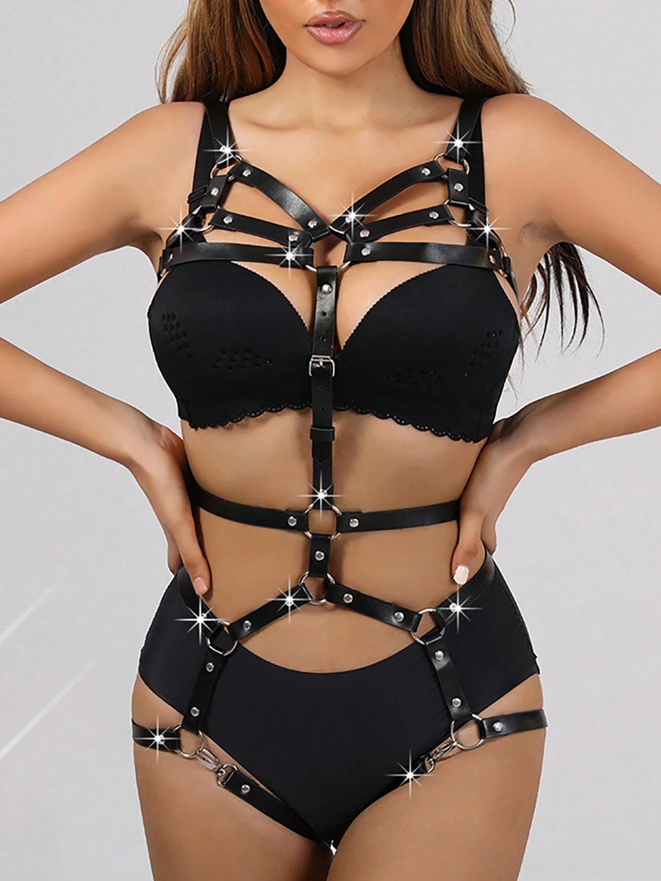 Conjunto De Lencería Sexy De Cuerpo Completo De PU Con Suspensorios, Ligas, Arnés Y ...