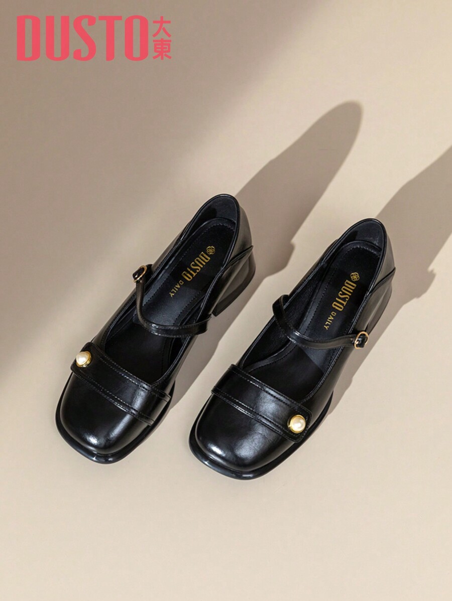 Dusto Vintage French Style Chunky Heel Mary Jane Shoes, Pearl Detail ...
