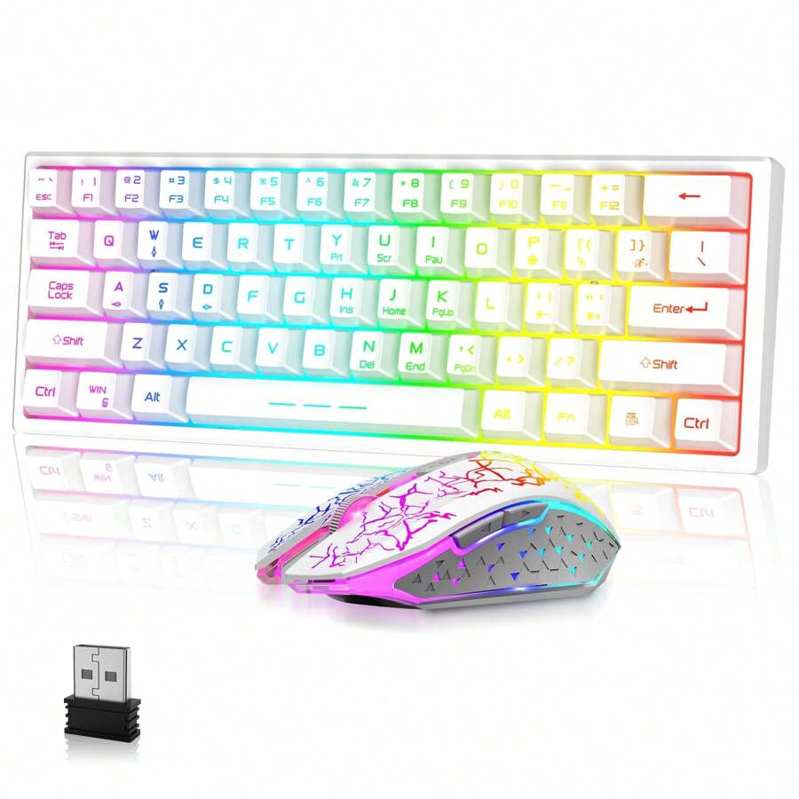 Wireless Gaming Keyboard And Mouse Combo With 61 Key TKL Rainbow LED ...