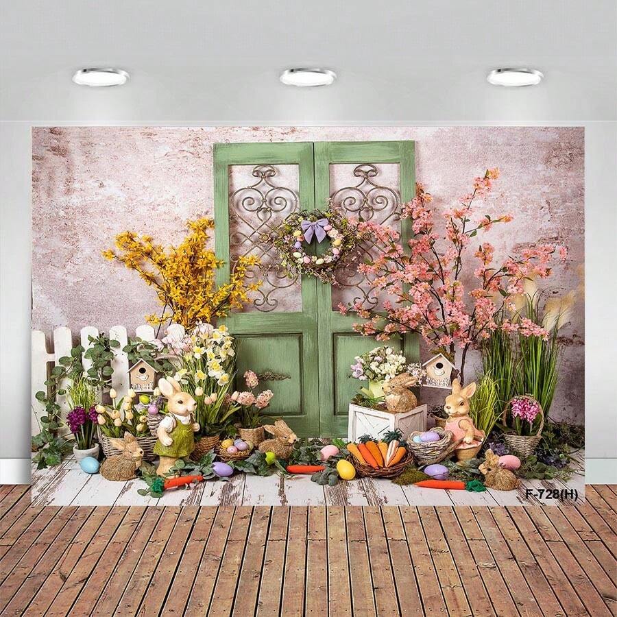 Easter Day Wooden Door Floral Plants Vines Garden Backdrops Bunny Eggs ...