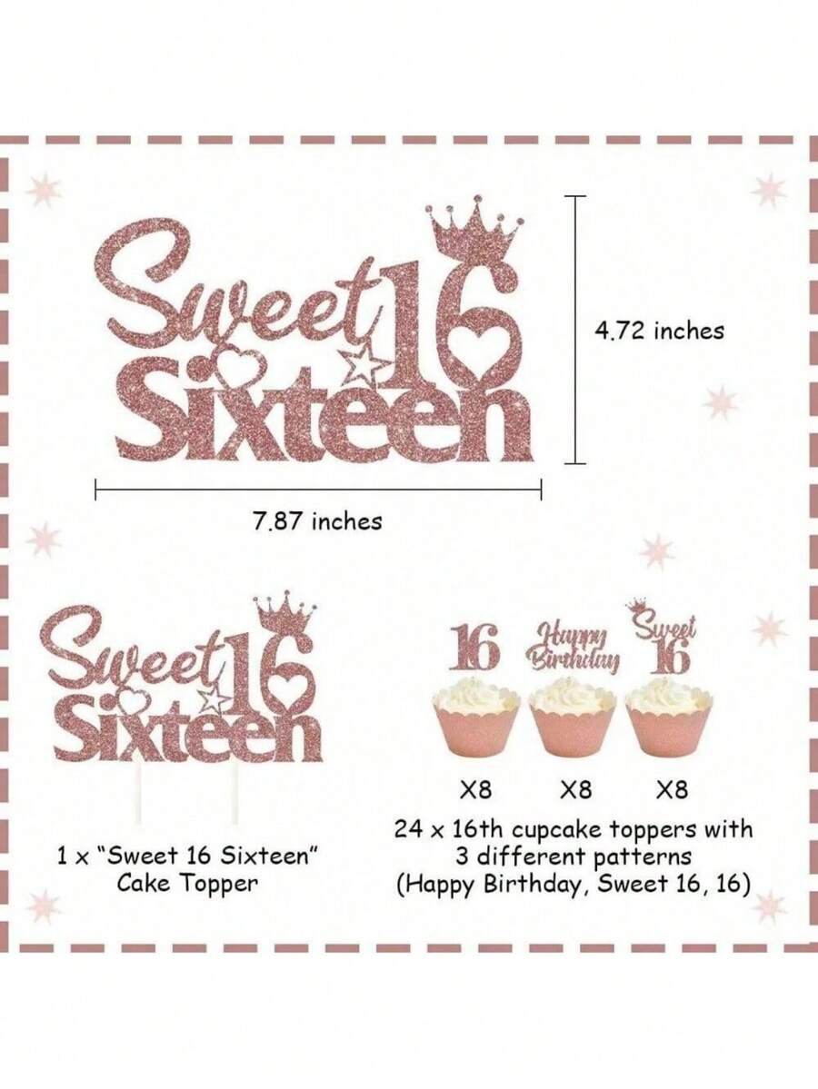 25PC Birthday Party Set Card Insert For 16th Birthday Party Cake Card ...