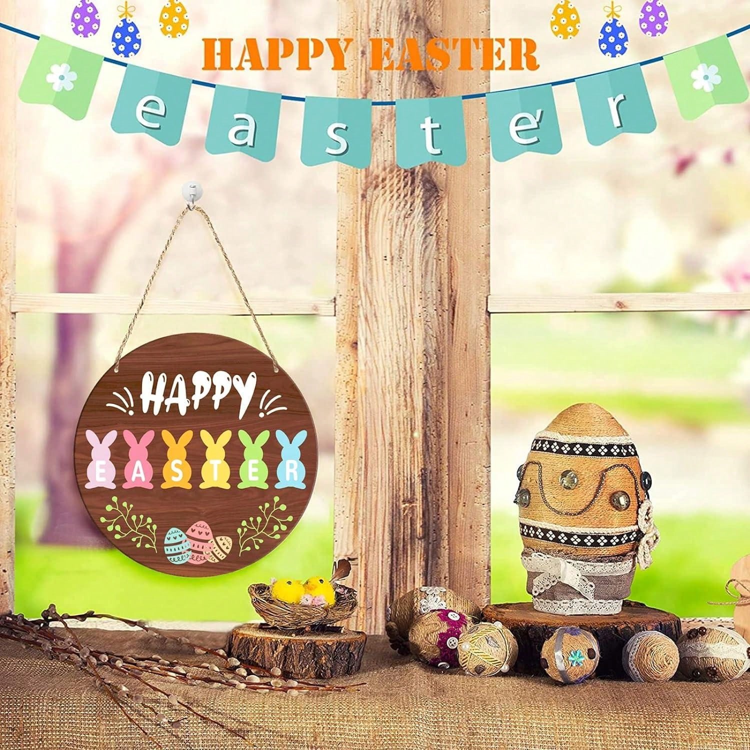 Happy Easter Door Decoration, Colorful Easter Bunny Egg Garland Sign ...