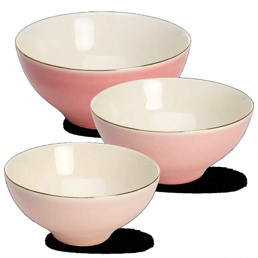 3-Piece Ceramic Bowl Set, Nesting Mixing Bowls, Dishwasher Safe, Pink ...
