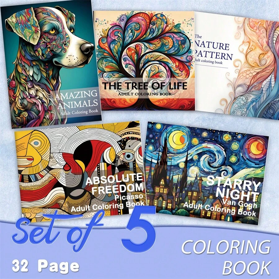 Adult Coloring Book Set - 5-Pack, 32 Pages Each - Animals, Nature ...