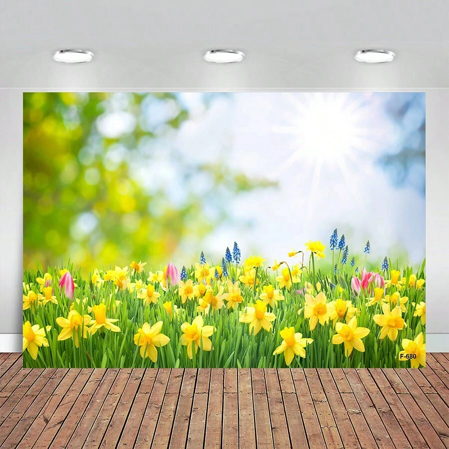 Green Grassland Backdrops Easter Eggs Floral Spring Sunshine Natural ...