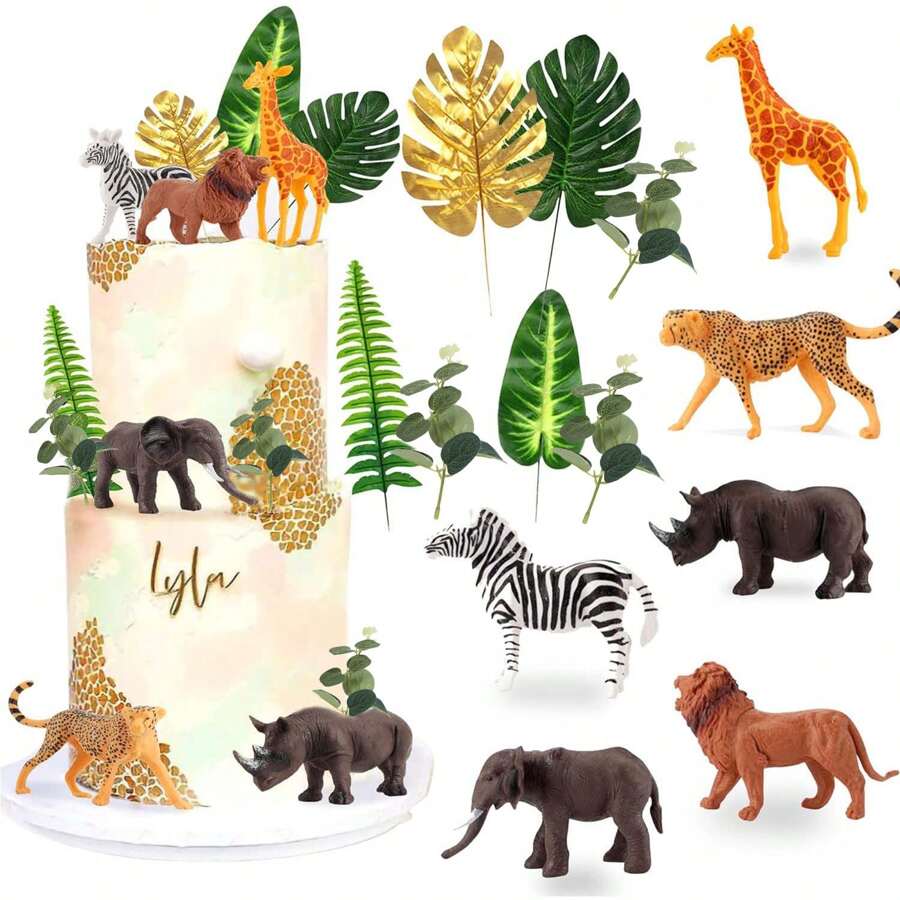 13 PCS Safari Animals Jungle Animals Cake Decoration Wild One Palm ...