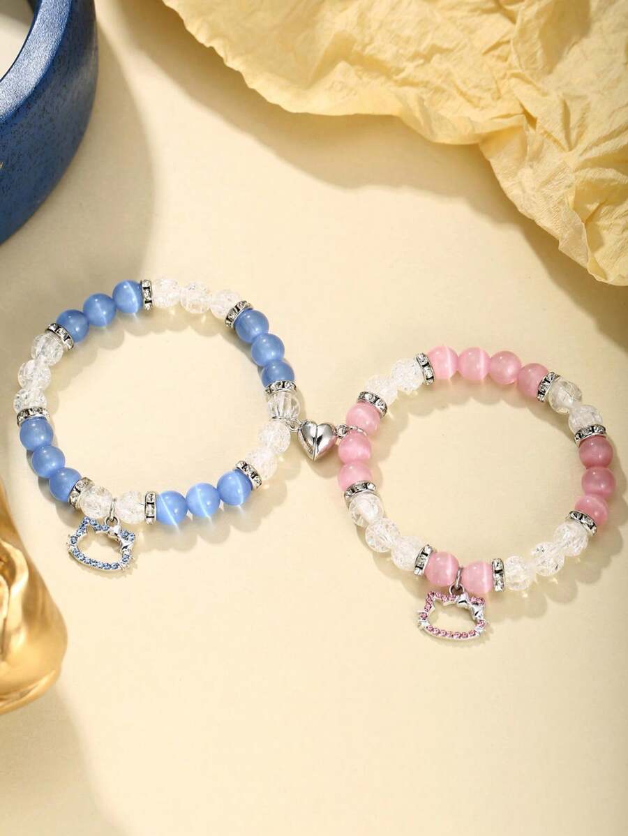 PHCOO 2 Pcs Of Light Blue + Pink Beads With Cute Hollowed-Out Cat ...