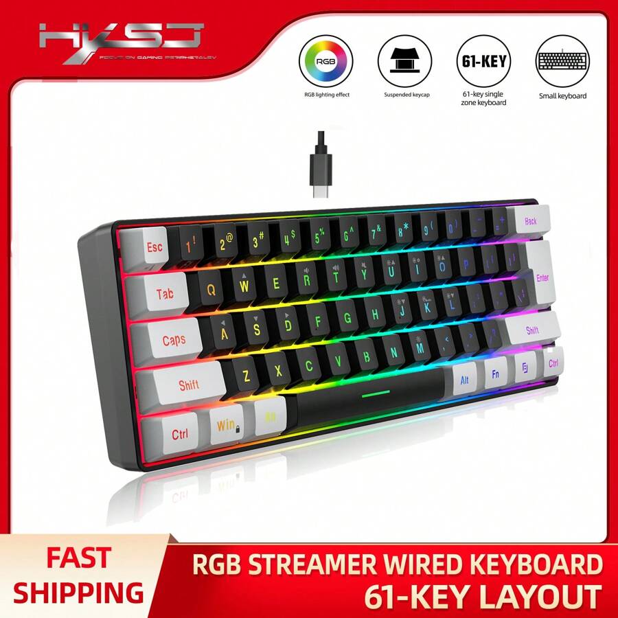 HXSJ 60% Wired Gaming Keyboard, Small RGB Backlit Membrane Gaming ...