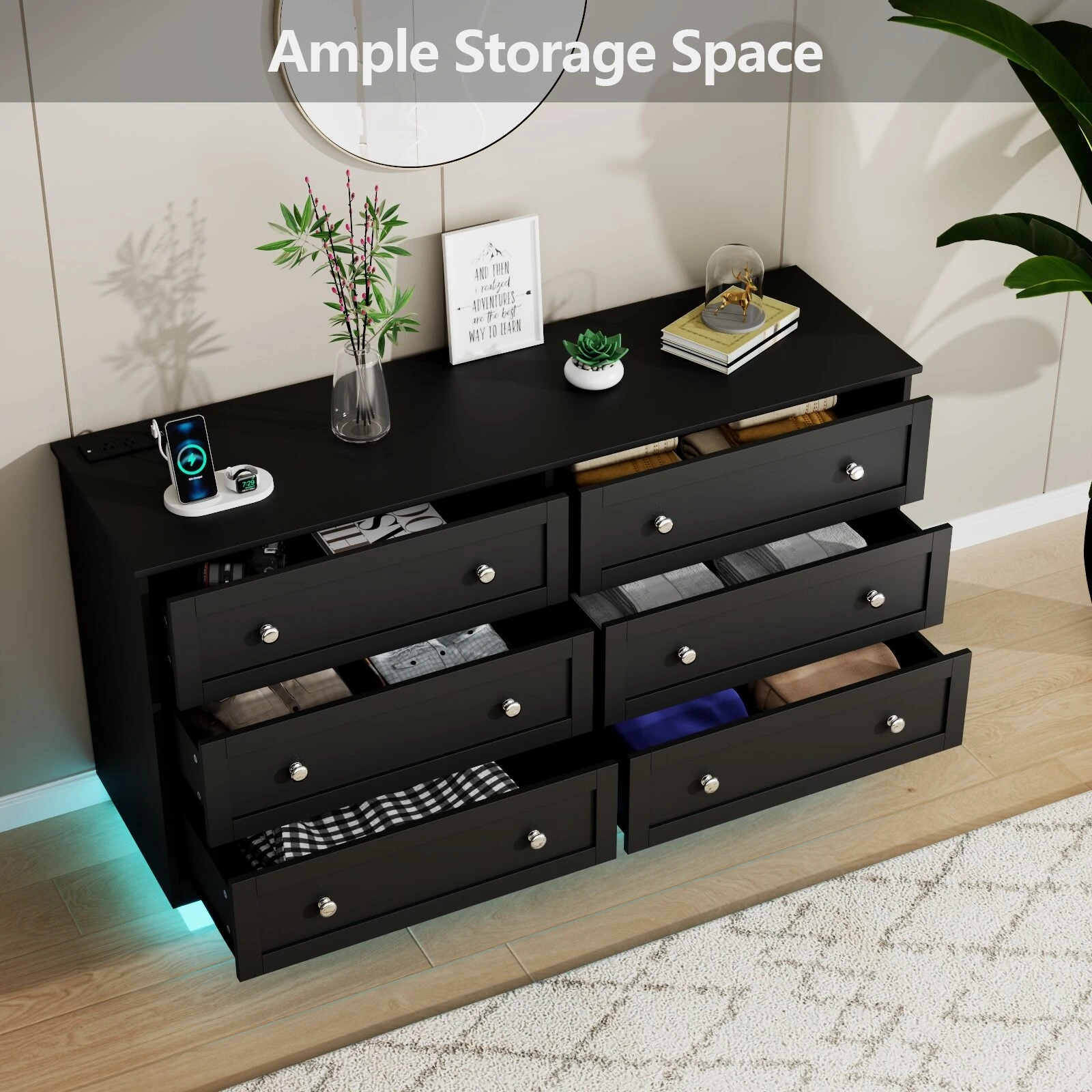 6 Drawer Dresser, Modern Drawer Chests With Power Outlet And Led Light ...