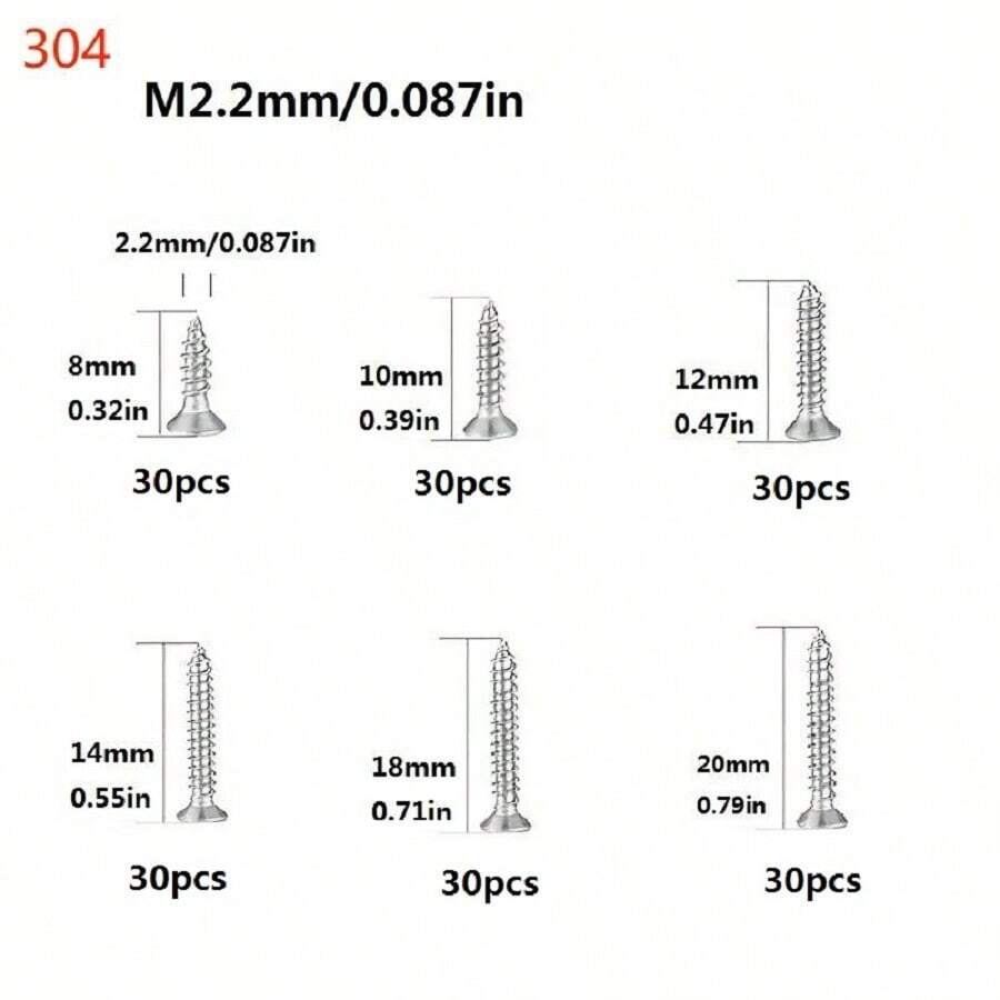 180pcs M2.2mm/0.087in Combination Screw Set, With 6 Sizes 304 Stainless ...