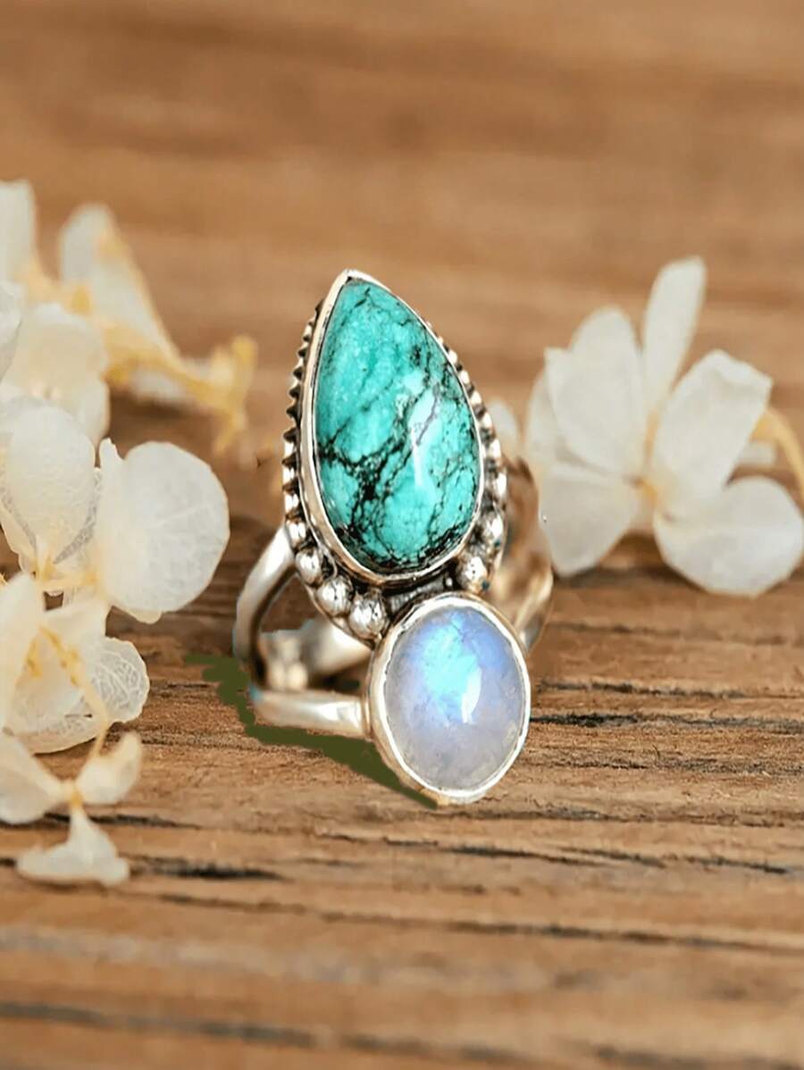 Two-Stone Moonstone & Turquoise Ring, Blue Gemstone Ring, Tear Drop ...