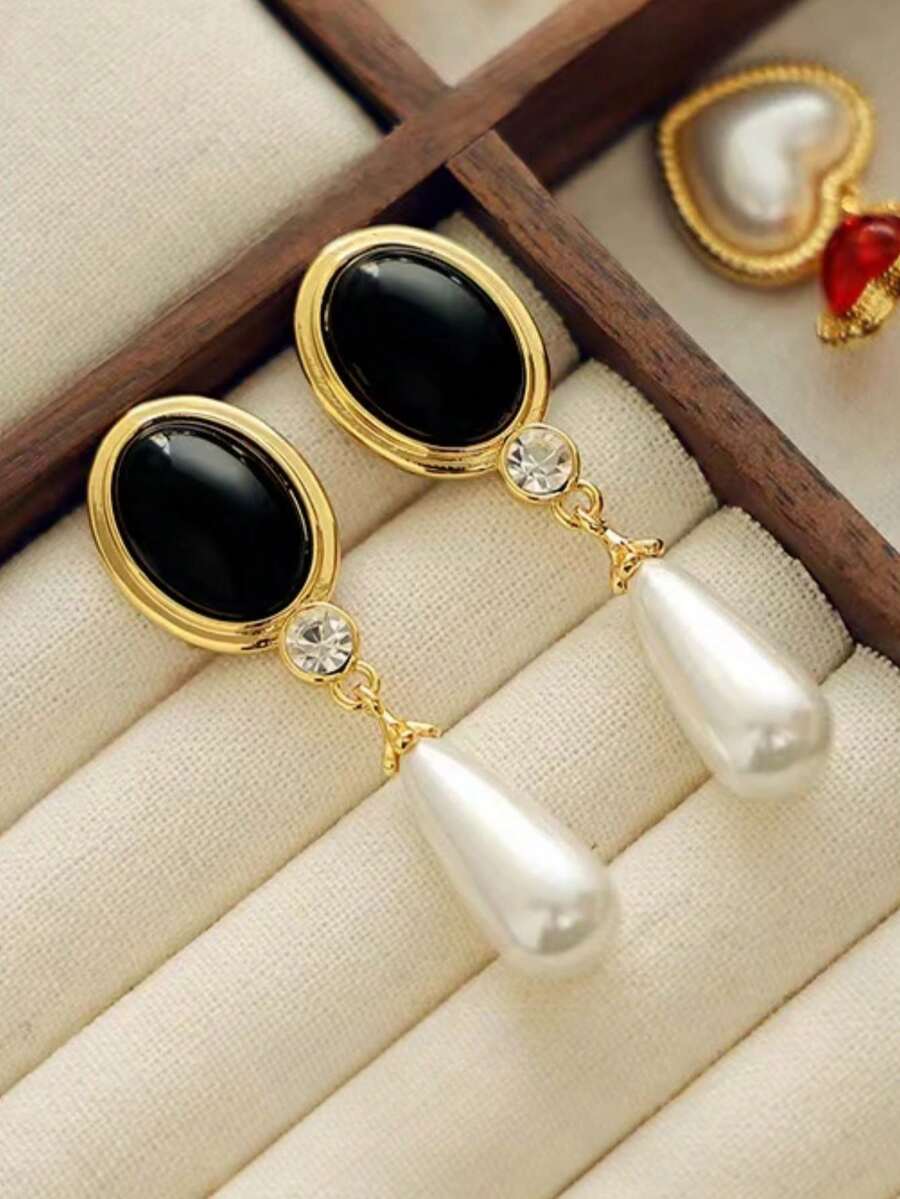 1pair French Retro Waterdrop Shaped Faux Pearl Pendant & Ellipse Black ...
