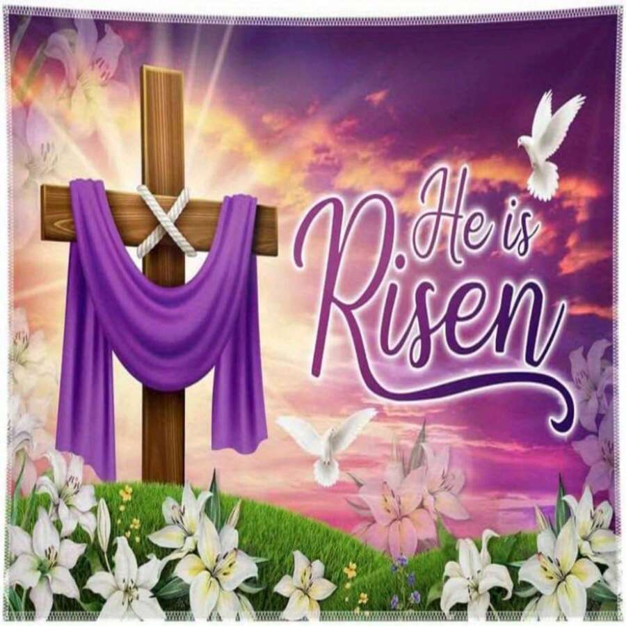 1pc Fabric He Is Risen Easter Backdrop Spring Christian Cross Lily ...