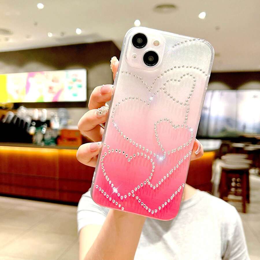 1pc Highly Transparent, Anti-Drop Pink-Ombre Diamond Heart Phone Case ...