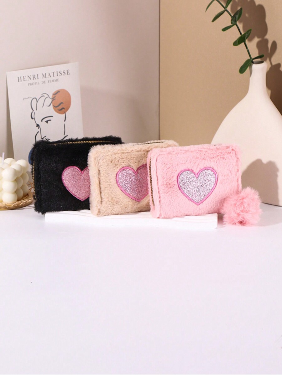 Plush Coin Purse With Heart Embroidery And Zipper, Children's Wallet ...