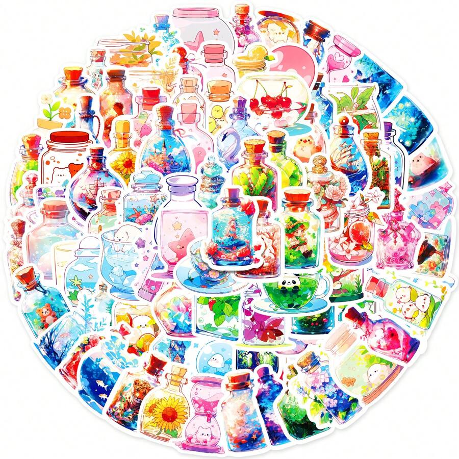 100pcs Water Bottle Stickers, Cute Glass Bottle Aaesthetics Small World ...